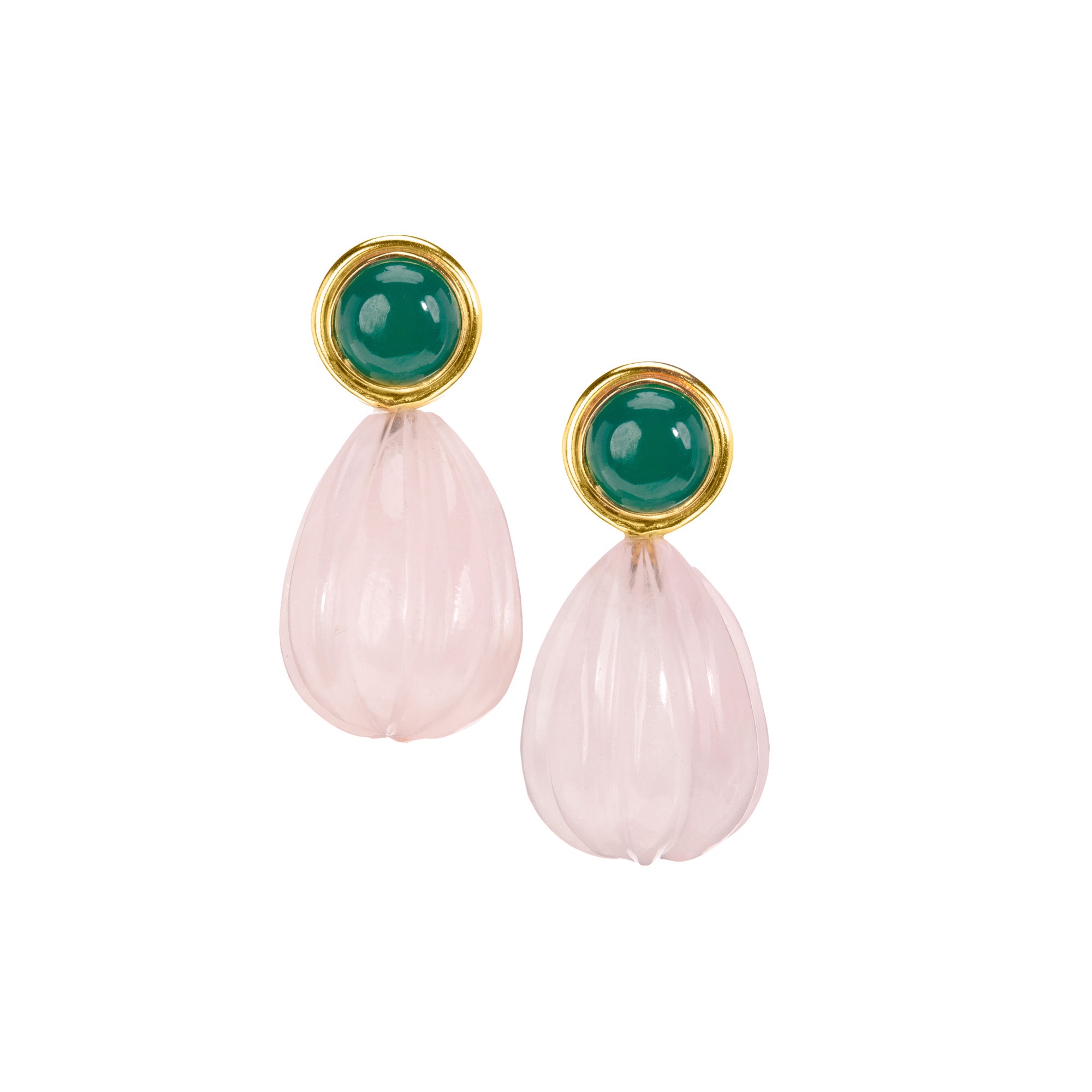 The Jimena: Green Onyx & Carved Rose Quartz Drop Earrings
